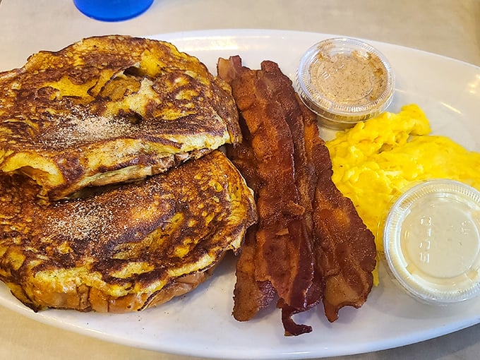 French toast that's achieved that mythical balance&mdash;crispy exterior, custardy interior&mdash;paired with bacon cooked exactly how bacon should be.