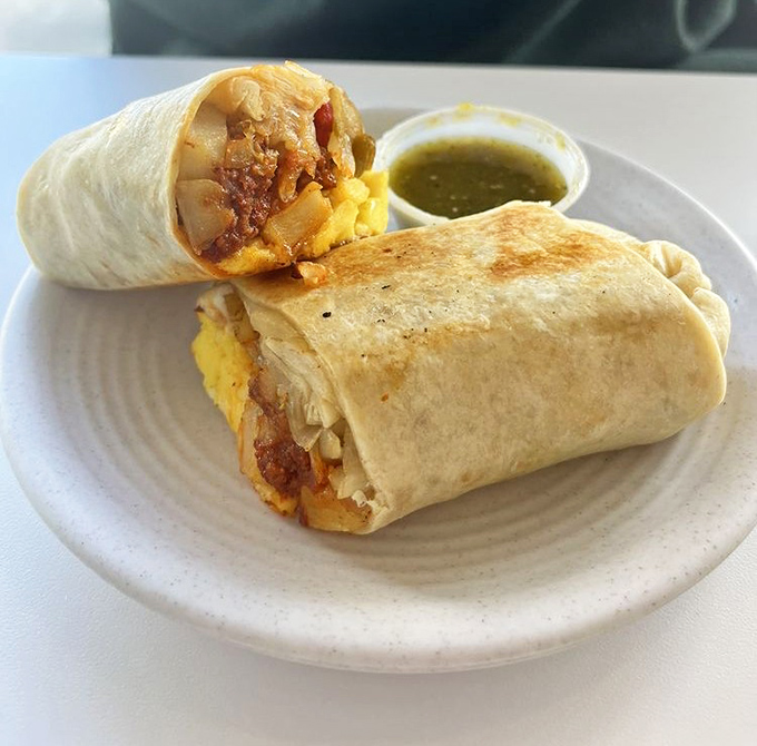 Breakfast burritos should always look this good &ndash; a golden-grilled package with chorizo and eggs that's practically begging to be unwrapped.