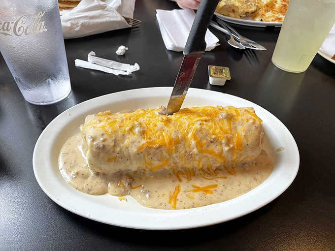 This breakfast burrito isn't messing around&mdash;smothered in country gravy and melted cheese, it's the morning equivalent of a warm hug.