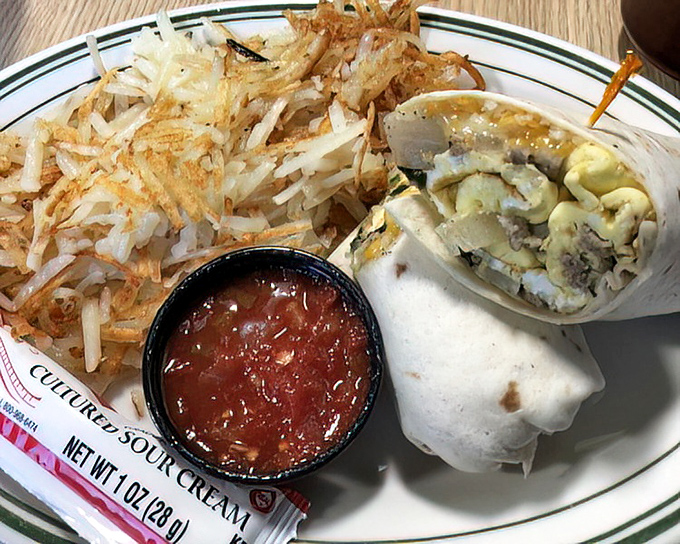Breakfast burritos should be judged by their heft-to-flavor ratio, and this one scores a perfect 10. Those hash browns deserve their own fan club.