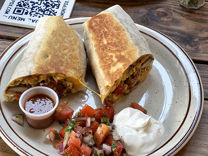 This breakfast burrito isn't messing around&mdash;packed tight with morning goodness and flanked by fresh pico de gallo that brightens every bite.