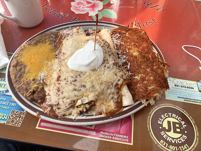 This breakfast behemoth of enchiladas could feed a small village, with melted cheese cascading over what might be the most comforting morning creation since pajamas.