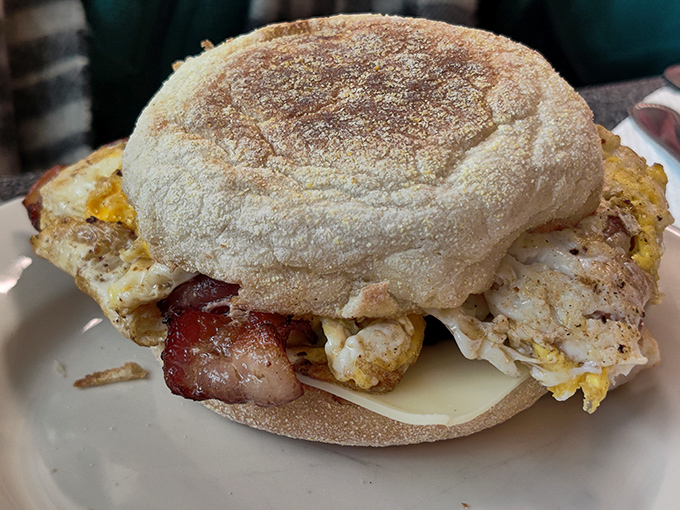 This breakfast sandwich isn't messing around&mdash;a construction project of eggs, bacon and cheese on an English muffin that requires both hands and zero shame.