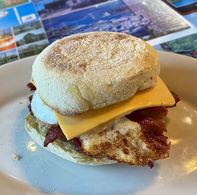 Breakfast sandwich perfection: a golden-fried egg, melty cheese, and crispy bacon nestled between a toasted English muffin. Morning salvation on a plate.