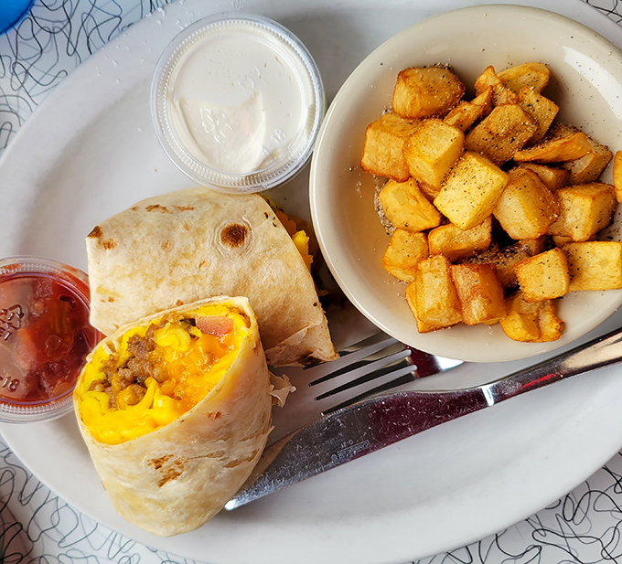 Breakfast burritos: where morning meets Mexico in a handheld package of eggs, cheese, and possibilities. Those home fries deserve their own zip code.