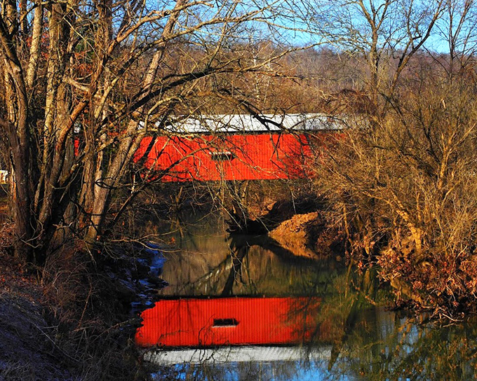 The bridge's reflection dances on Wolf Creek's surface, creating a perfect symmetry that would make any photographer swoon.