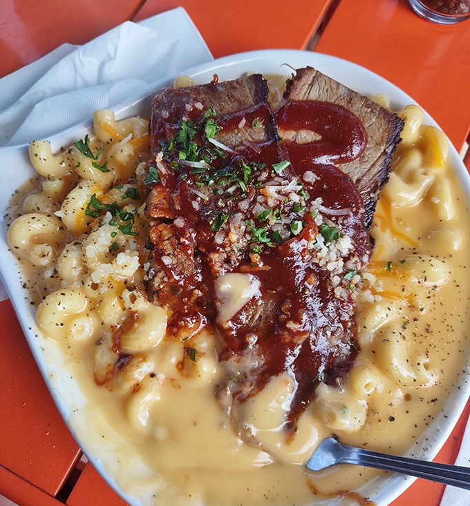 Mac and cheese that grew up and got sophisticated. Brisket and creamy pasta having the kind of affair that would make a cardiologist nervous.