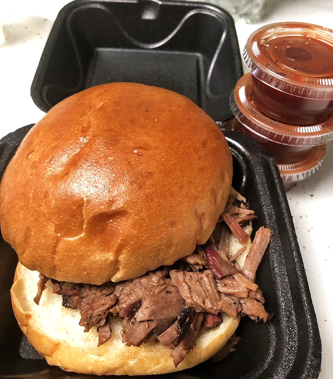 This isn't just a sandwich; it's an engineering marvel of soft bun supporting a mountain of hand-carved brisket. Sauce optional, napkins mandatory.