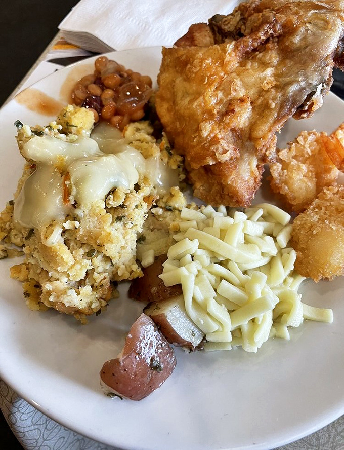 The broasted chicken platter arrives like a family reunion of comfort foods&mdash;crispy chicken, homestyle sides, and not a single calorie counter in sight. 