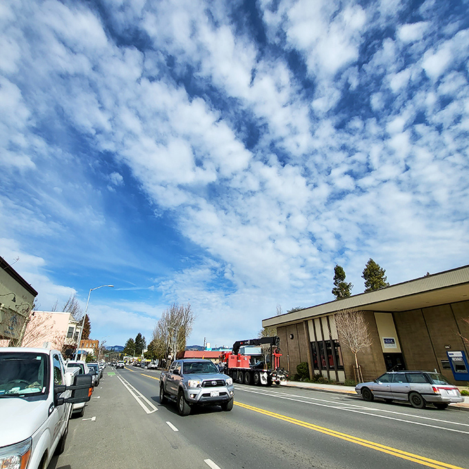 Blue skies and puffy clouds create nature's perfect ceiling over Willits' downtown, where the pace is refreshingly human and the parking is actually possible.