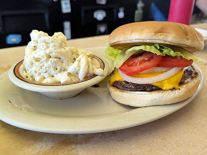 The classic burger and potato salad combo &ndash; proof that simplicity, when executed perfectly, beats fancy food trends every single time.