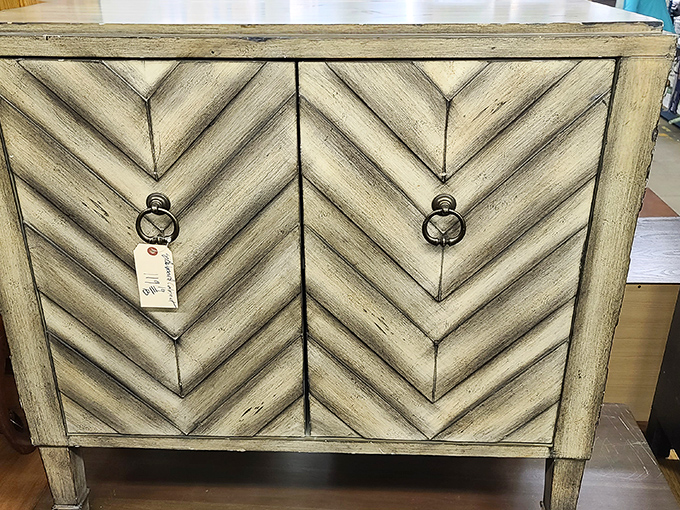 This herringbone cabinet isn't just furniture&mdash;it's architectural poetry. Mid-century charm without the mid-century markup!