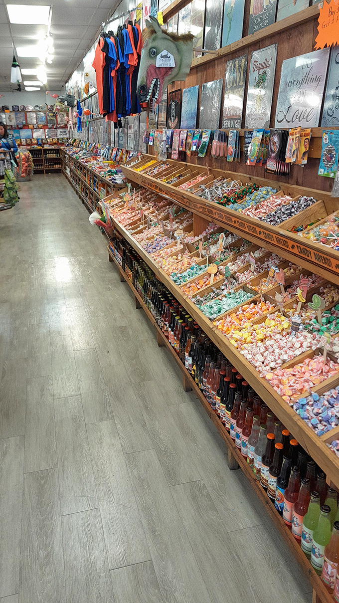 A rainbow of sugar that would make Willy Wonka jealous. These wooden bins of colorful candies are the sweet reward for surviving a day of strategic shopping.