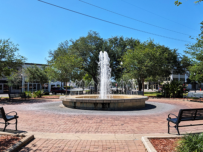 Central Park's fountain creates the perfect backdrop for morning coffee meetups or evening strolls when Florida's golden hour hits just right.