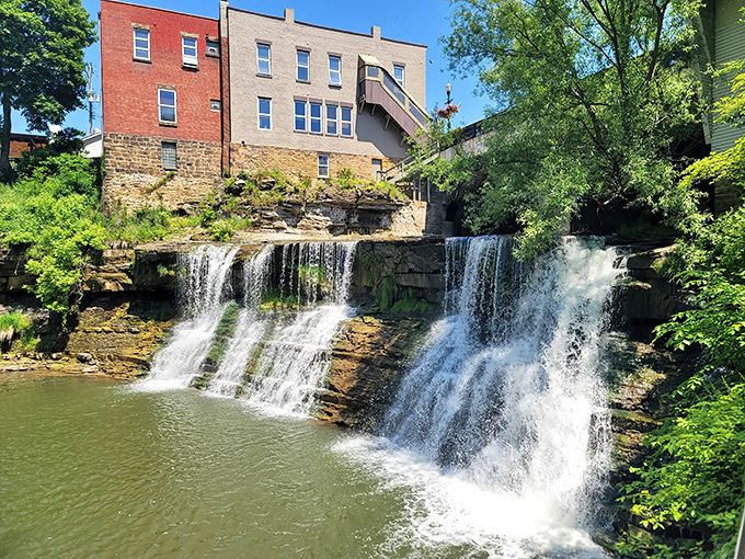 Mother Nature showing off! The waterfall that gave Chagrin Falls its name delivers a spectacular performance year-round, no tickets required.