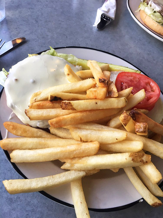 This isn't just a cheeseburger&mdash;it's a masterpiece of melted cheese cascading over a juicy patty, with crispy fries standing at attention.
