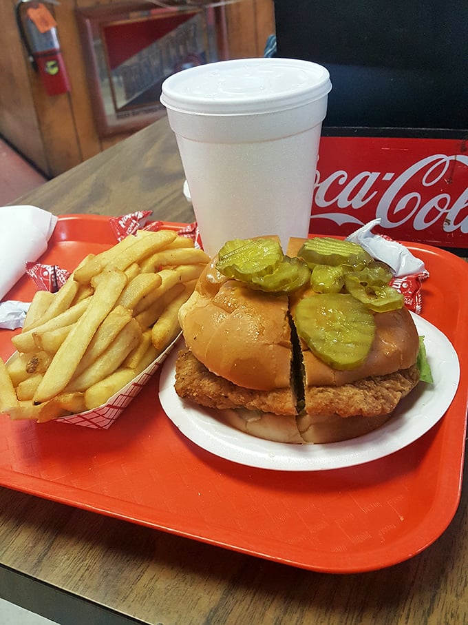 The perfect trifecta: crispy chicken, golden fries, and pickles that add just enough tang to cut through the richness.