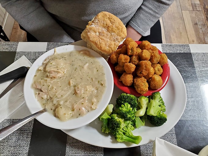 Comfort in a bowl! This chicken and dumplings with a side of crispy okra and fresh broccoli is the Ozark equivalent of a warm hug.