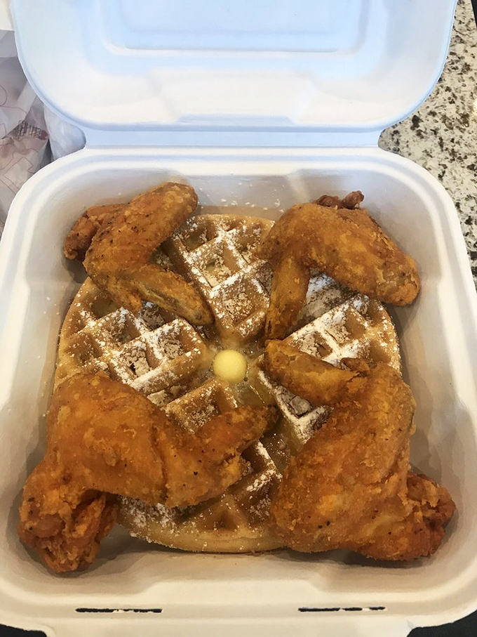 The holy grail of comfort food: crispy fried chicken nestled against a golden waffle. Add maple syrup and you've got breakfast nirvana in a box.