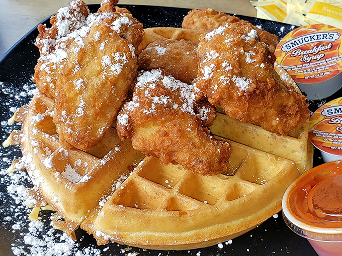 Chicken and waffles: the breakfast equivalent of a mullet &ndash; business on the bottom, party on top, delicious all around.