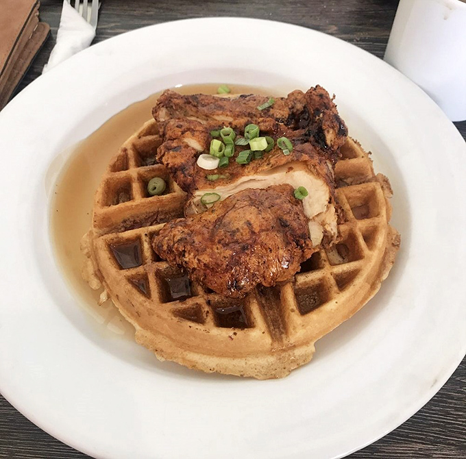 Chicken and waffles &ndash; the food equivalent of a perfect marriage. Crispy, savory chicken perched atop golden waffles with a drizzle of syrup that ties the whole relationship together.