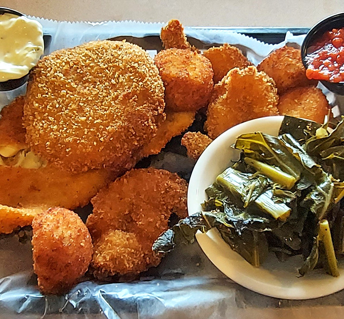 Behold the legendary chicken croquettes in their golden-armored glory! These crispy-outside, creamy-inside treasures make you understand why people drive across county lines just for a taste.