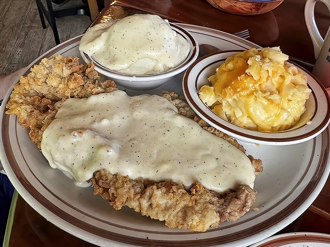 Chicken fried steak so generous, your cardiologist might frown but your soul will sing hallelujah.