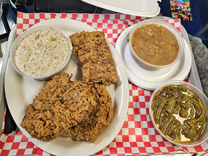 Southern comfort on a plate: chicken fried steak with all the fixings. Your cardiologist just felt a disturbance in the force.