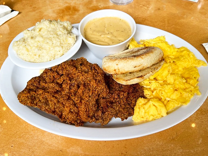 Golden chicken fried steak arrives like a crispy monument to comfort food, demanding both respect and immediate attention.