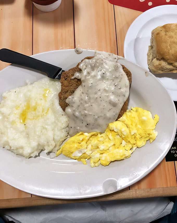 Country fried steak so tender it practically cuts itself, topped with gravy that could make angels weep tears.