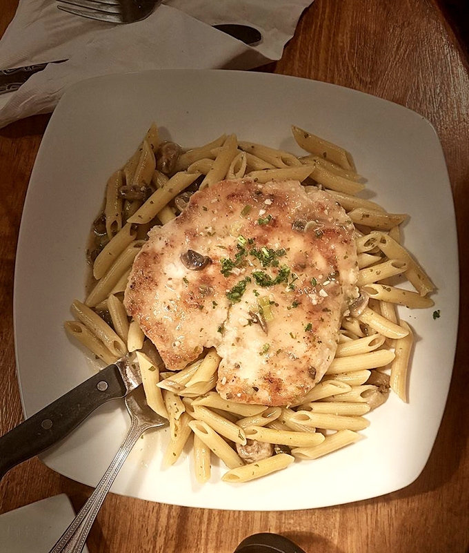 Chicken Marsala over pasta&mdash;comfort food elevated to an art form. The sauce alone would make a perfectly acceptable beverage if society didn't frown on such behavior.