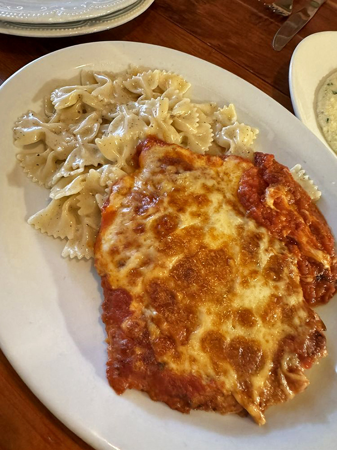 Classic chicken parmigiano meets perfectly cooked farfalle pasta&mdash;a combination that makes you want to stand up and applaud.