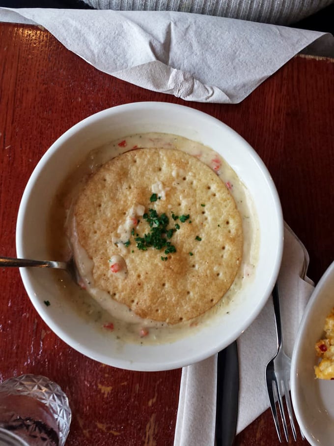 Behold the chicken pot pie&mdash;comfort in a bowl with a buttery cracker floating atop like a life raft on a sea of creamy goodness.