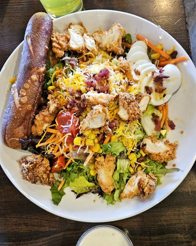 Not your average rabbit food&mdash;this chicken salad could convert the most dedicated carnivore. The breadstick stands guard like it knows how good everything else is.