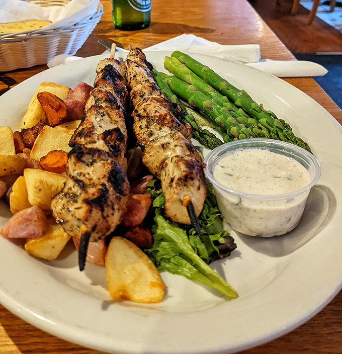 Chicken souvlaki that transports you straight to Athens, with potatoes and asparagus playing perfect supporting roles to the chargrilled star.