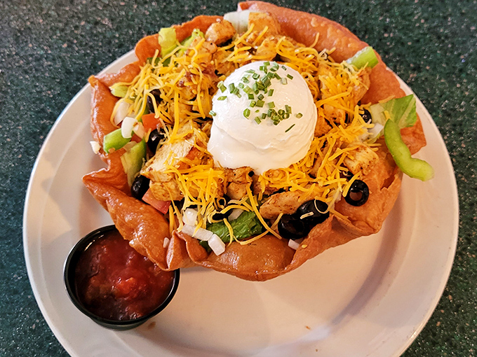 The legendary chicken taco salad in its crispy tortilla fortress. That dollop of sour cream on top? The crown jewel of this edible masterpiece.