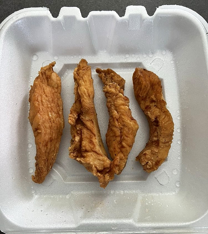 Chicken tenders that actually taste like chicken&mdash;what a concept! Crispy armor protecting juicy treasure within, no dipping sauce required but highly recommended.