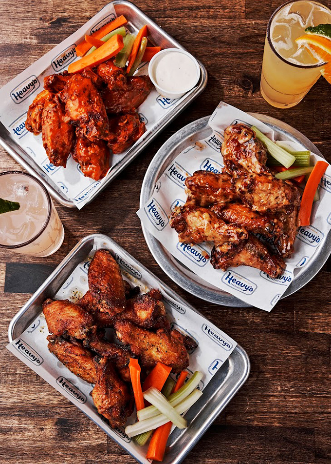 Wing platters that could make a vegetarian weep with regret. These crispy, sauce-slathered beauties come with the traditional celery sticks&mdash;nature's way of pretending you're eating healthy.