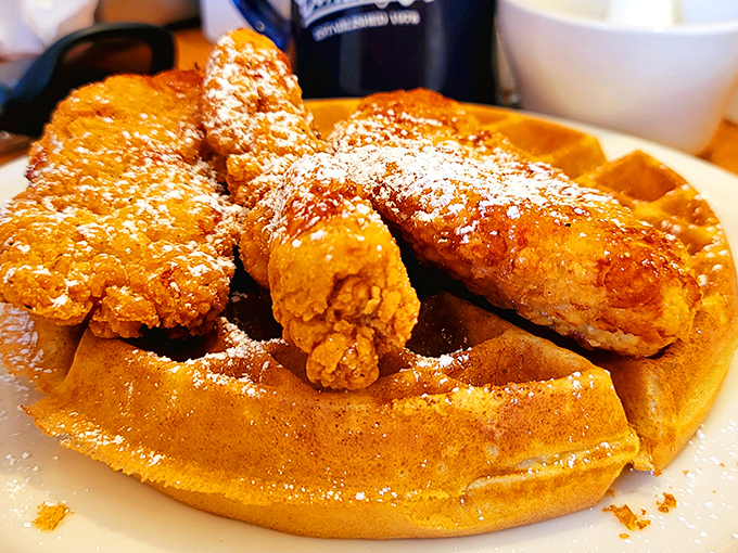 Chicken and waffles: where breakfast and lunch stop fighting and fall in love. That golden waffle with crispy chicken is the breakfast equivalent of a standing ovation.