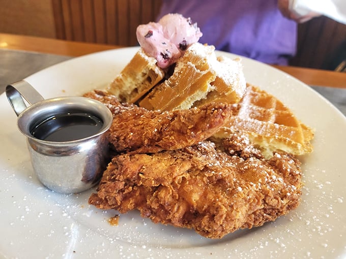 Whoever first paired crispy fried chicken with fluffy waffles deserves a Nobel Prize. Peach Valley's version makes a compelling case for breakfast as the superior meal.