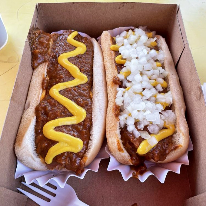 Chili dogs presented with artistic flair&mdash;one pristine with a mustard zigzag, the other loaded with onions. Choose your adventure, both lead to happiness.