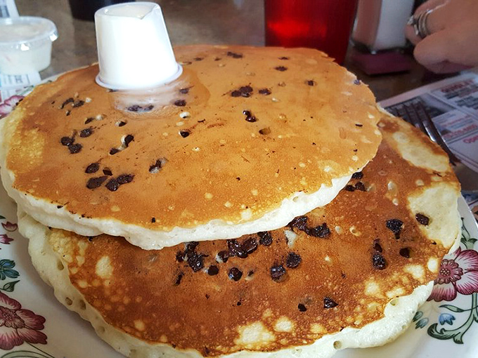 Chocolate chip pancakes so perfectly golden and fluffy they deserve their own zip code. The melty chips are just showing off.