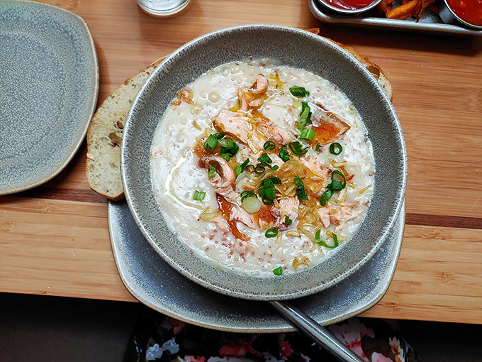This isn't just chowder; it's a soul-warming bowl of oceanic comfort. The salmon adds a Pacific twist to this creamy classic&mdash;spoons up!