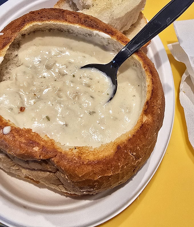 The legendary bread bowl&mdash;a fortress of sourdough protecting liquid gold. This isn't just soup; it's a California coastal tradition in edible form.