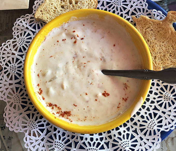 This clam chowder arrives looking creamy enough to make New Englanders jealous, with a side of perfectly toasted bread.