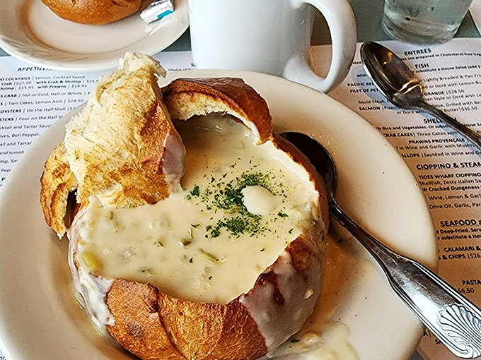 Not just soup, but a creamy clam chowder served in a sourdough bread bowl&mdash;the edible dish that keeps on giving.