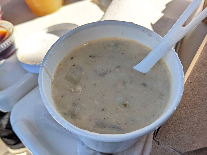 A bowl of clam chowder that whispers "New England" but speaks with a distinctly California accent.