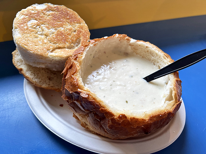 The bread bowl's crusty exterior gives way to a creamy chowder interior &ndash; architecture you can eat and a California coastline in a bowl.