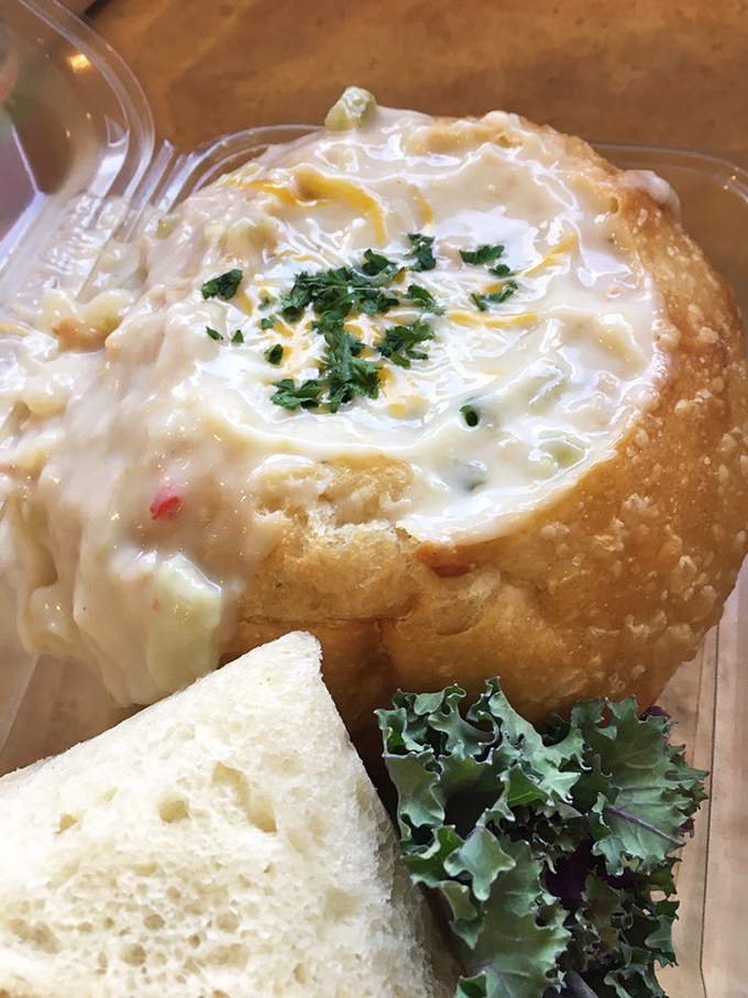 Clam chowder in a sourdough bowl: where the container is as delicious as what it contains. The ultimate edible dishware.