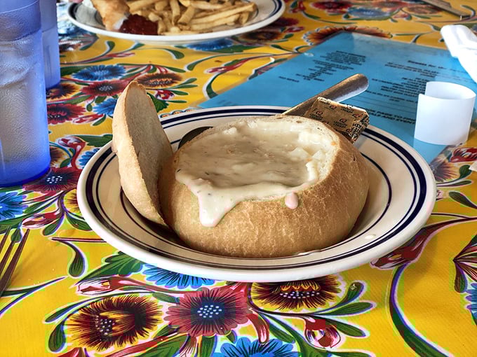 Clam chowder served in a sourdough bread bowl &ndash; nature's edible dishware and proof that sometimes the best vessel for soup is more carbs.